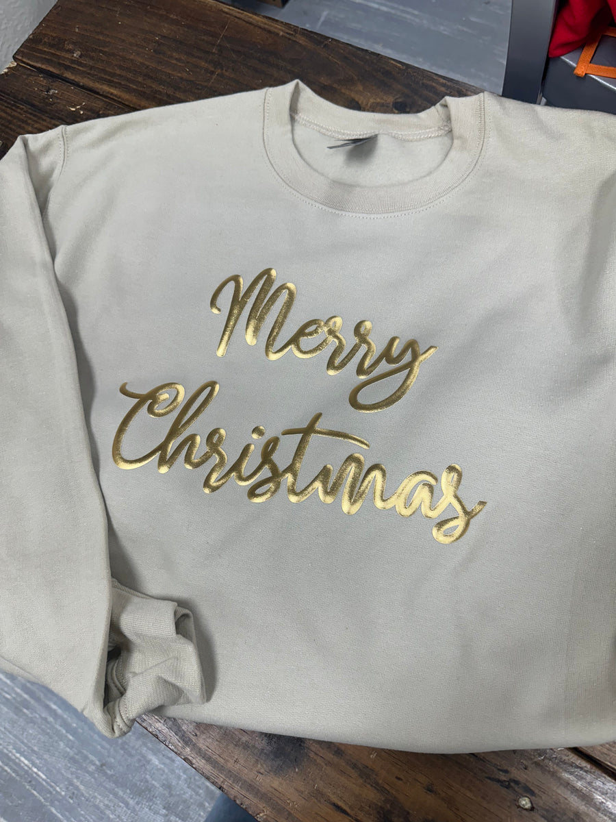 Gold Metallic Puff Sweatshirt “Merry Christmas” – Small Town Vinyl