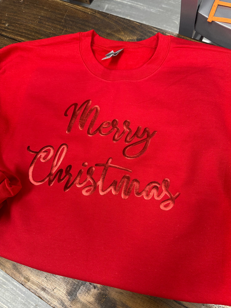 Red Metallic Puff Sweatshirt “Merry Christmas” – Small Town Vinyl